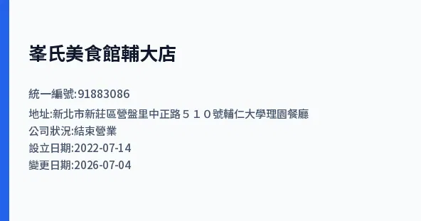 峯氏美食館輔大店的照片-統編 91883086(新北市) 公司登記資料與營業項目詳細圖表