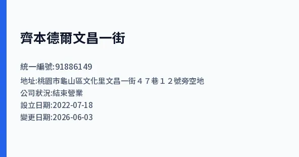 齊本德爾文昌一街的照片-統編 91886149(桃園市) 公司登記資料與營業項目詳細圖表