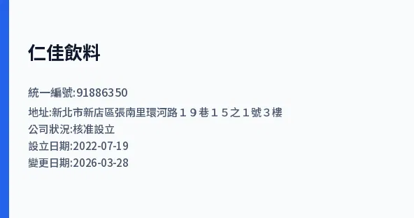 仁佳飲料的照片-統編 91886350(新北市) 公司登記資料與營業項目詳細圖表