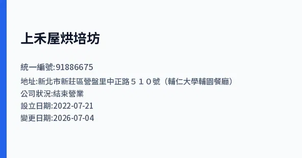 上禾屋烘培坊的照片-統編 91886675(新北市) 公司登記資料與營業項目詳細圖表