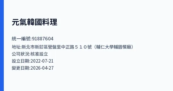 元氣韓國料理的照片-統編 91887604(新北市) 公司登記資料與營業項目詳細圖表