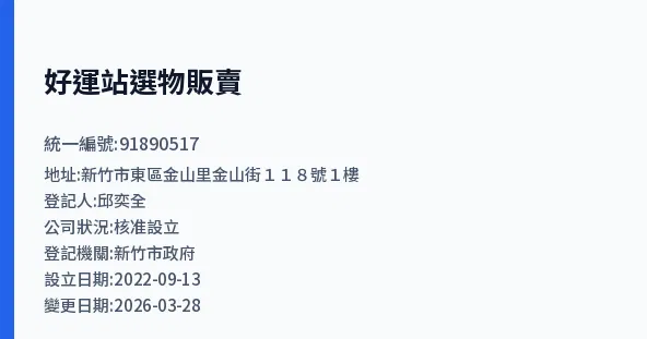 好運站選物販賣的照片-統編 91890517(新竹市) 公司登記資料與營業項目詳細圖表