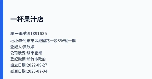 一杯果汁店的照片-統編 91891635(新竹市) 公司登記資料與營業項目詳細圖表