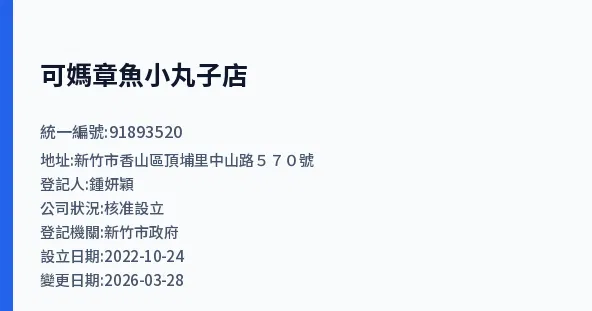 可媽章魚小丸子店的照片-統編 91893520(新竹市) 公司登記資料與營業項目詳細圖表