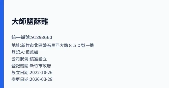 大師鹽酥雞的照片-統編 91893660(新竹市) 公司登記資料與營業項目詳細圖表