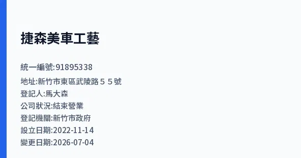 捷森美車工藝的照片-統編 91895338(新竹市) 公司登記資料與營業項目詳細圖表
