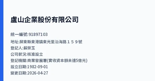 盧山企業股份有限公司的照片-統編 91897103(屏東縣) 公司登記資料與營業項目詳細圖表