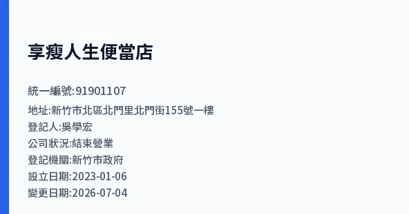 享瘦人生便當店的照片-統編 91901107(新竹市) 公司登記資料與營業項目詳細圖表