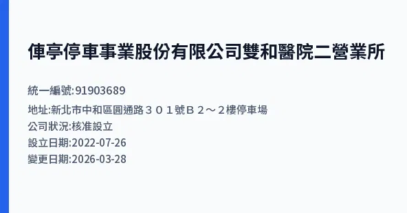 俥亭停車事業股份有限公司雙和醫院二營業所的照片-統編 91903689(新北市) 公司登記資料與營業項目詳細圖表