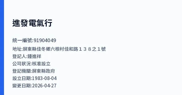 進發電氣行的照片-統編 91904049(屏東縣) 公司登記資料與營業項目詳細圖表