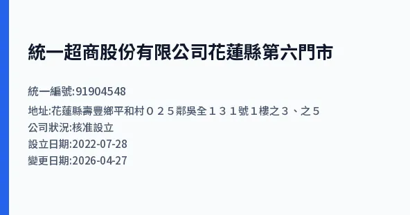 統一超商股份有限公司花蓮縣第六門市的照片-統編 91904548(花蓮縣) 公司登記資料與營業項目詳細圖表