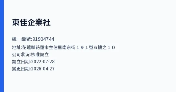 東佳企業社的照片-統編 91904744(花蓮縣) 公司登記資料與營業項目詳細圖表