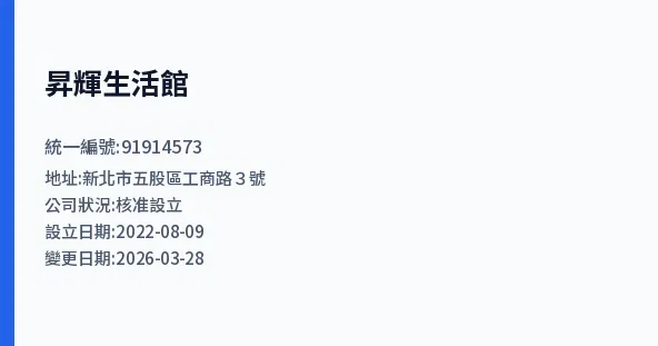 昇輝生活館的照片-統編 91914573(新北市) 公司登記資料與營業項目詳細圖表