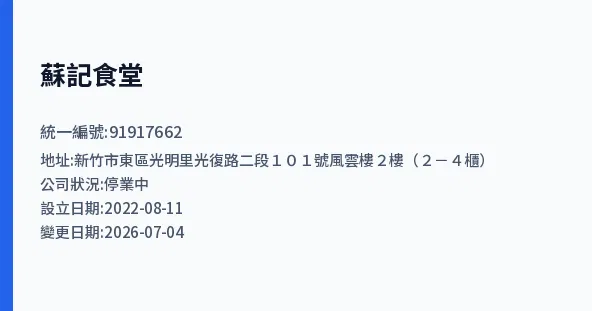 蘇記食堂的照片-統編 91917662(新竹市) 公司登記資料與營業項目詳細圖表
