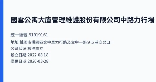 國雲公寓大廈管理維護股份有限公司中路力行場的照片-統編 91919161(桃園市) 公司登記資料與營業項目詳細圖表