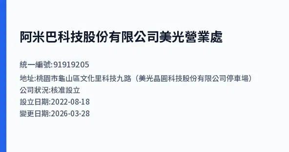 阿米巴科技股份有限公司美光營業處的照片-統編 91919205(桃園市) 公司登記資料與營業項目詳細圖表