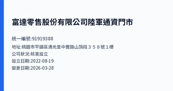 富達零售股份有限公司陸軍通資門市的照片-統編 91919388(桃園市) 公司登記資料與營業項目詳細圖表