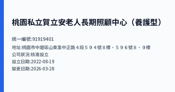 桃園私立賀立安老人長期照顧中心(養護型)的照片-統編 91919401(桃園市) 公司登記資料與營業項目詳細圖表