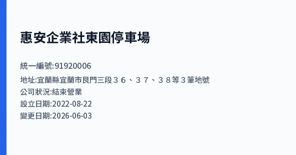 惠安企業社東園停車場的照片-統編 91920006(宜蘭縣) 公司登記資料與營業項目詳細圖表