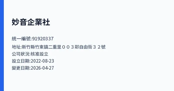 妙音企業社的照片-統編 91920337(新竹縣) 公司登記資料與營業項目詳細圖表