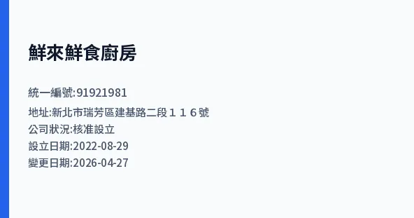 鮮來鮮食廚房的照片-統編 91921981(新北市) 公司登記資料與營業項目詳細圖表