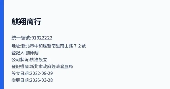 麒翔商行的照片-統編 91922222(新北市) 公司登記資料與營業項目詳細圖表