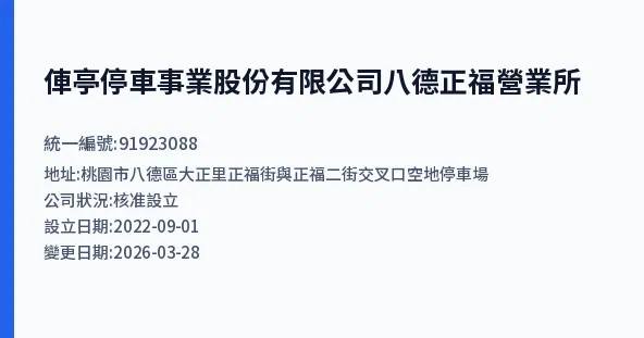 俥亭停車事業股份有限公司八德正福營業所的照片-統編 91923088(桃園市) 公司登記資料與營業項目詳細圖表