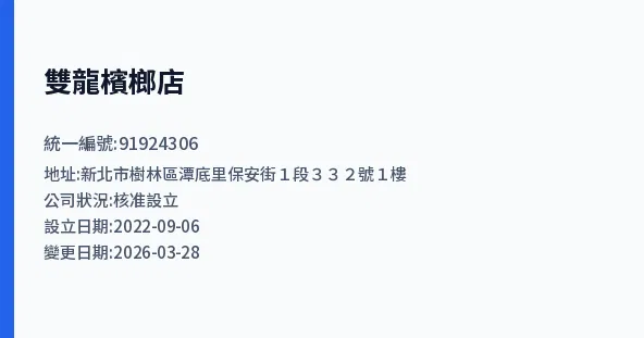 雙龍檳榔店的照片-統編 91924306(新北市) 公司登記資料與營業項目詳細圖表