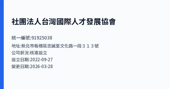 社團法人台灣國際人才發展協會的照片-統編 91925038(新北市) 公司登記資料與營業項目詳細圖表