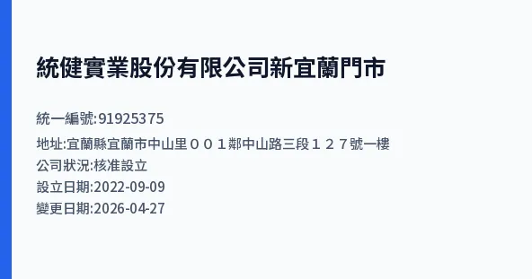 統健實業股份有限公司新宜蘭門市的照片-統編 91925375(宜蘭縣) 公司登記資料與營業項目詳細圖表