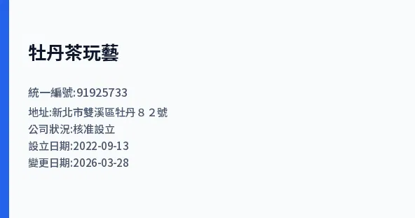 牡丹茶玩藝的照片-統編 91925733(新北市) 公司登記資料與營業項目詳細圖表
