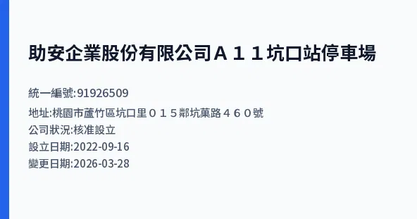 助安企業股份有限公司A11坑口站停車場的照片-統編 91926509(桃園市) 公司登記資料與營業項目詳細圖表