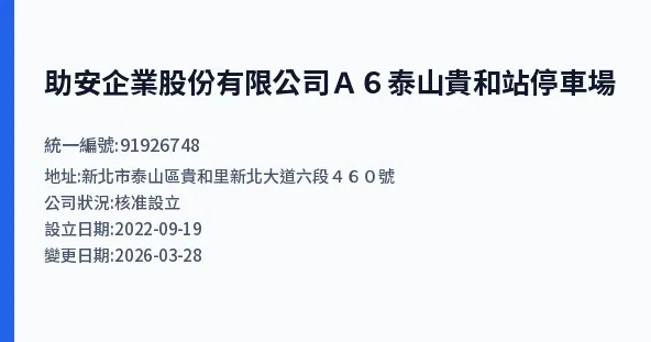 助安企業股份有限公司A6泰山貴和站停車場的照片-統編 91926748(新北市) 公司登記資料與營業項目詳細圖表