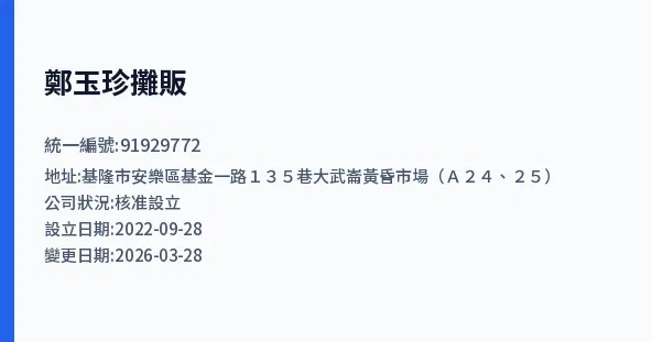鄭玉珍攤販的照片-統編 91929772(基隆市) 公司登記資料與營業項目詳細圖表