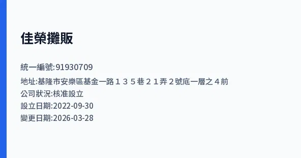 佳榮攤販的照片-統編 91930709(基隆市) 公司登記資料與營業項目詳細圖表
