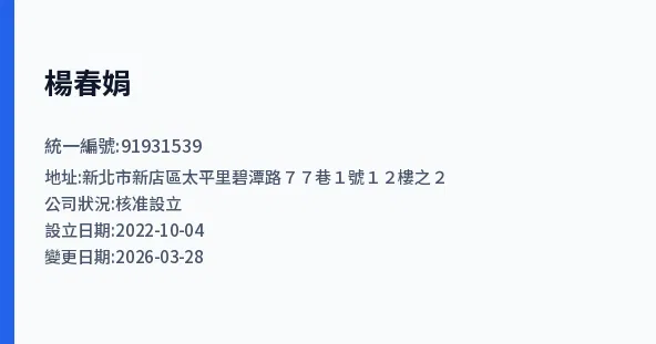楊春娟的照片-統編 91931539(新北市) 公司登記資料與營業項目詳細圖表