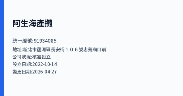 阿生海產攤的照片-統編 91934085(新北市) 公司登記資料與營業項目詳細圖表