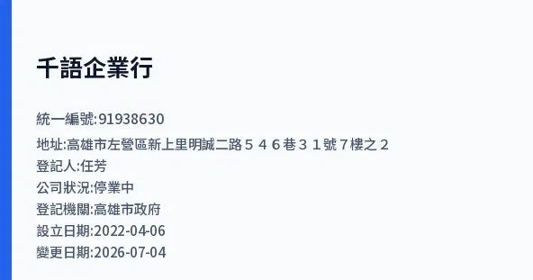 千語企業行的照片-統編 91938630(高雄市) 公司登記資料與營業項目詳細圖表