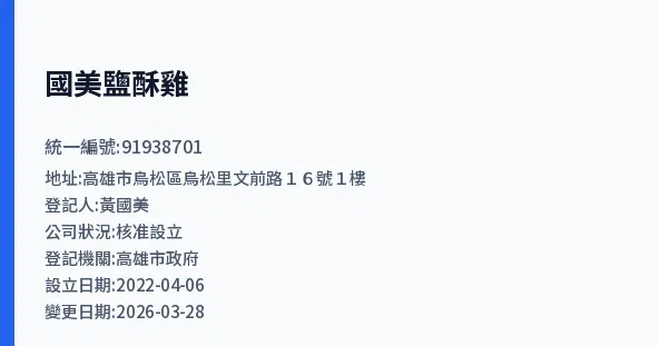 國美鹽酥雞的照片-統編 91938701(高雄市) 公司登記資料與營業項目詳細圖表