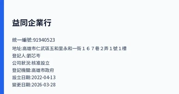 益同企業行的照片-統編 91940523(高雄市) 公司登記資料與營業項目詳細圖表