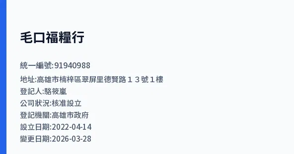 毛口福糧行的照片-統編 91940988(高雄市) 公司登記資料與營業項目詳細圖表