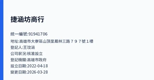 捷涵坊商行的照片-統編 91941706(高雄市) 公司登記資料與營業項目詳細圖表