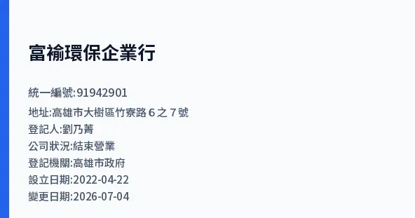 富褕環保企業行的照片-統編 91942901(高雄市) 公司登記資料與營業項目詳細圖表