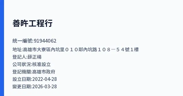 善旿工程行的照片-統編 91944062(高雄市) 公司登記資料與營業項目詳細圖表
