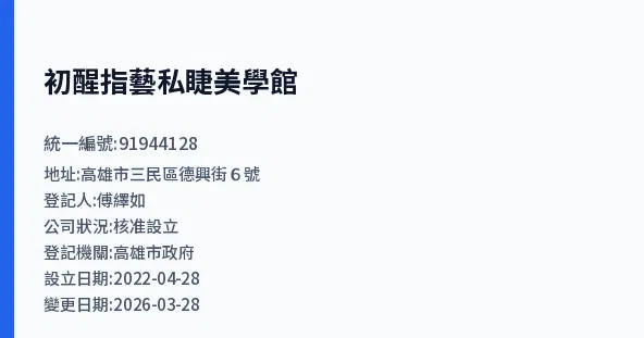 初醒指藝私睫美學館的照片-統編 91944128(高雄市) 公司登記資料與營業項目詳細圖表