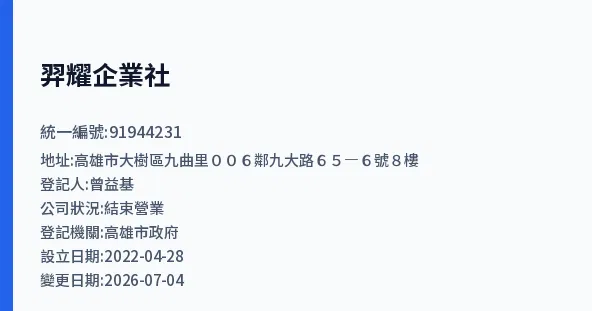 羿耀企業社的照片-統編 91944231(高雄市) 公司登記資料與營業項目詳細圖表