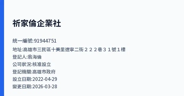 祈家倫企業社的照片-統編 91944751(高雄市) 公司登記資料與營業項目詳細圖表