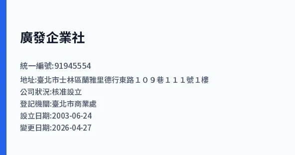 廣發企業社的照片-統編 91945554(臺北市) 公司登記資料與營業項目詳細圖表
