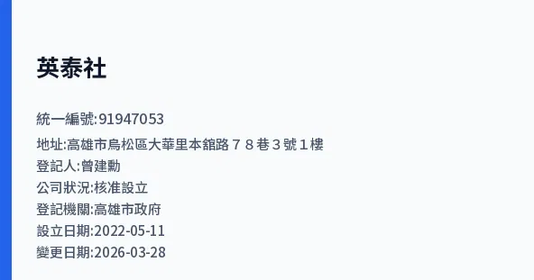 英泰社的照片-統編 91947053(高雄市) 公司登記資料與營業項目詳細圖表