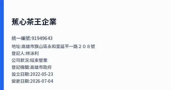 蕉心茶王企業的照片-統編 91949643(高雄市) 公司登記資料與營業項目詳細圖表